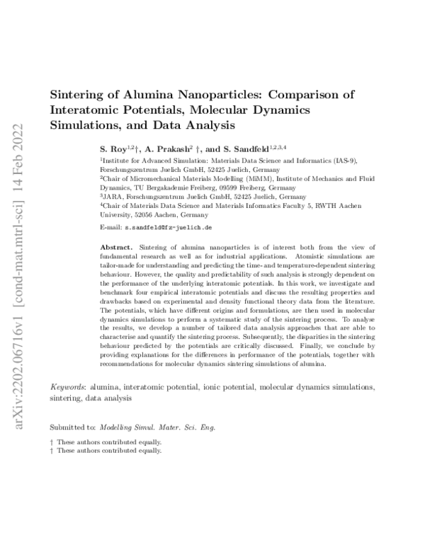 (PDF) Sintering of alumina nanoparticles: comparison of interatomic potentials, molecular ...