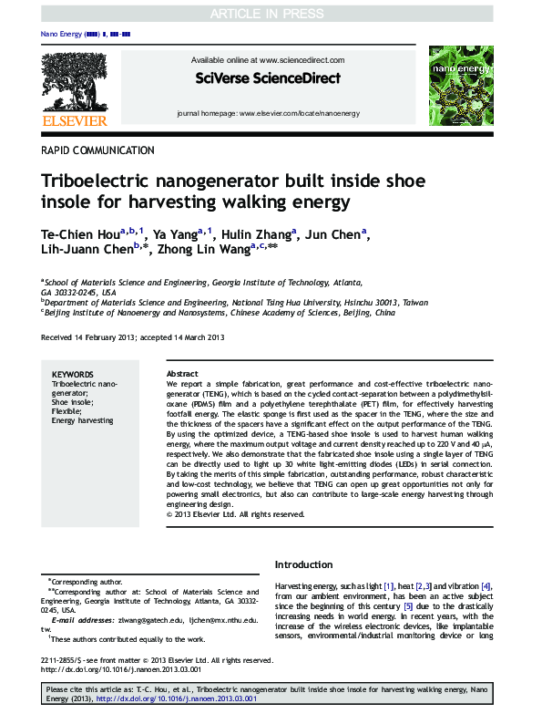 (PDF) Triboelectric nanogenerator built inside shoe insole for ...