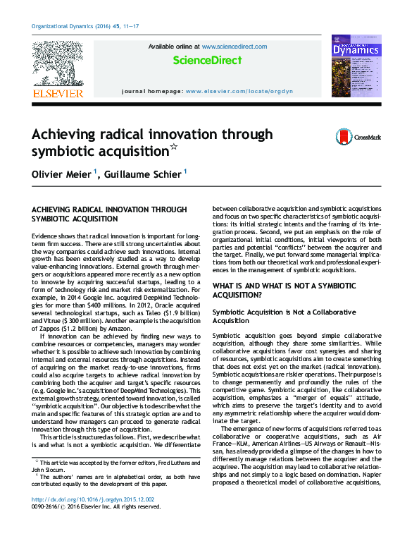 (PDF) Achieving radical innovation through symbiotic acquisition