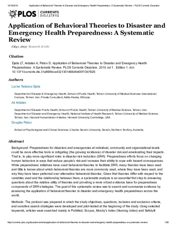 (PDF) Application of Behavioral Theories to Disaster and Emergency ...