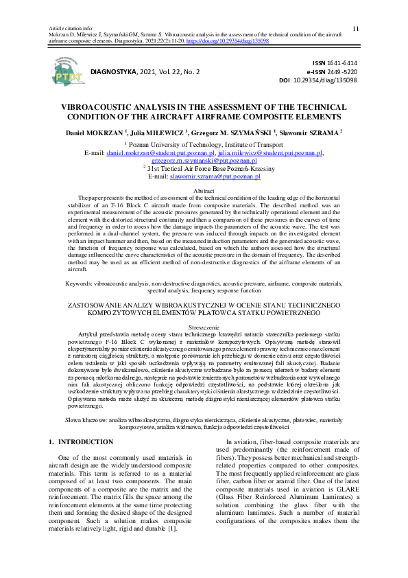 (PDF) VIBROACOUSTIC ANALYSIS IN THE ASSESSMENT OF THE TECHNICAL CONDITION OF THE AIRCRAFT ...