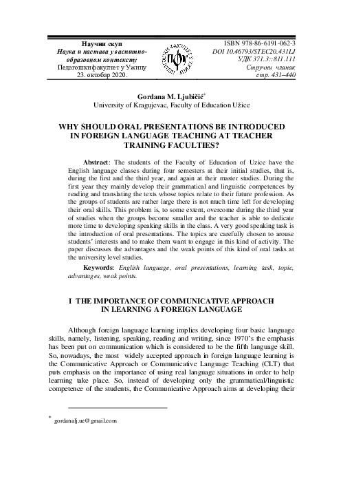 (PDF) Why Should Oral Presentations Be Introduced in Foreign Language ...