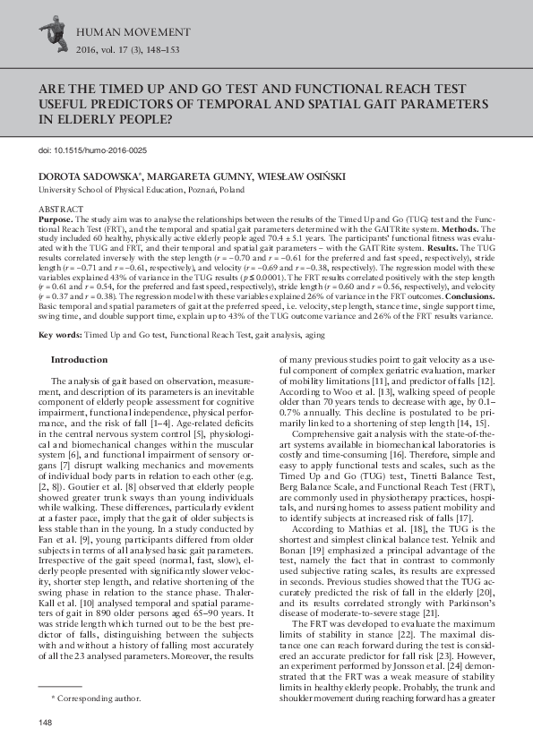 (PDF) Are the Timed Up and Go Test and Functional Reach Test Useful ...