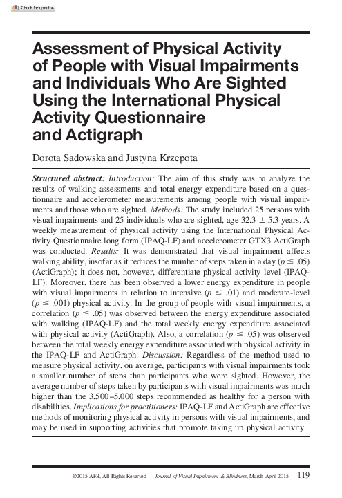 (PDF) Assessment of Physical Activity of People with Visual Impairments and Individuals who Are ...