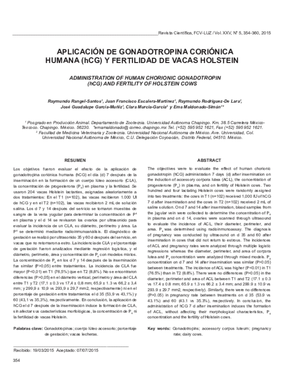 (PDF) APLICACIÓN DE GONADOTROPINA CORIÓNICA HUMANA (hCG) Y FERTILIDAD DE VACAS HOLSTEIN ...