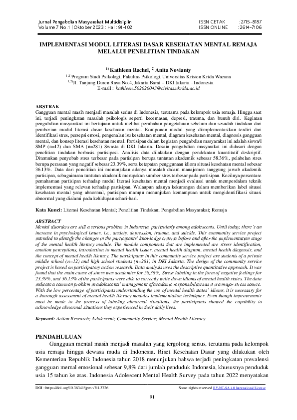 (PDF) Implementasi Modul Literasi Dasar Kesehatan Mental Remaja Melalui Penelitian Tindakan