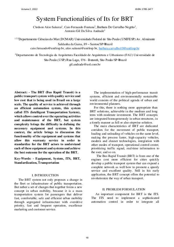 (PDF) System Functionalities of Its for BRT