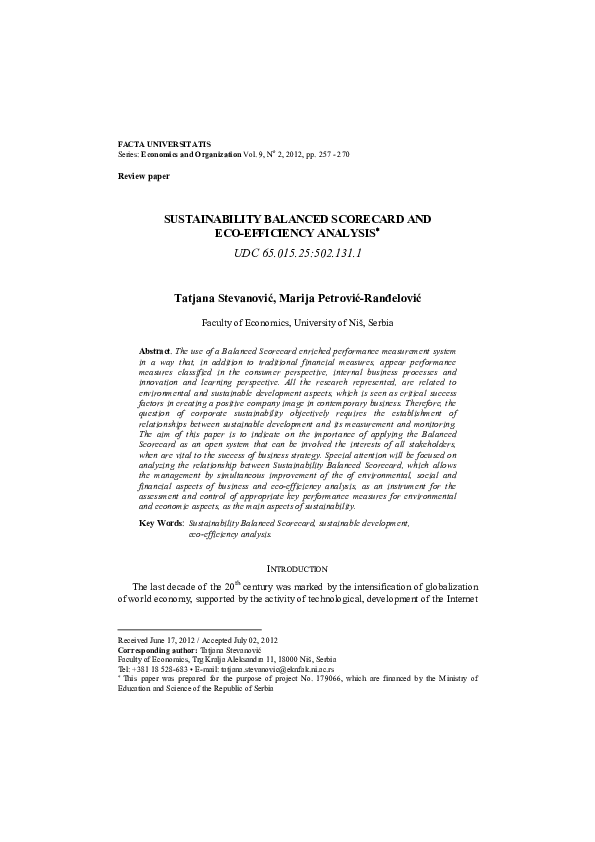 (PDF) Sustainability Balanced Scorecard and eco-efficiency analysis