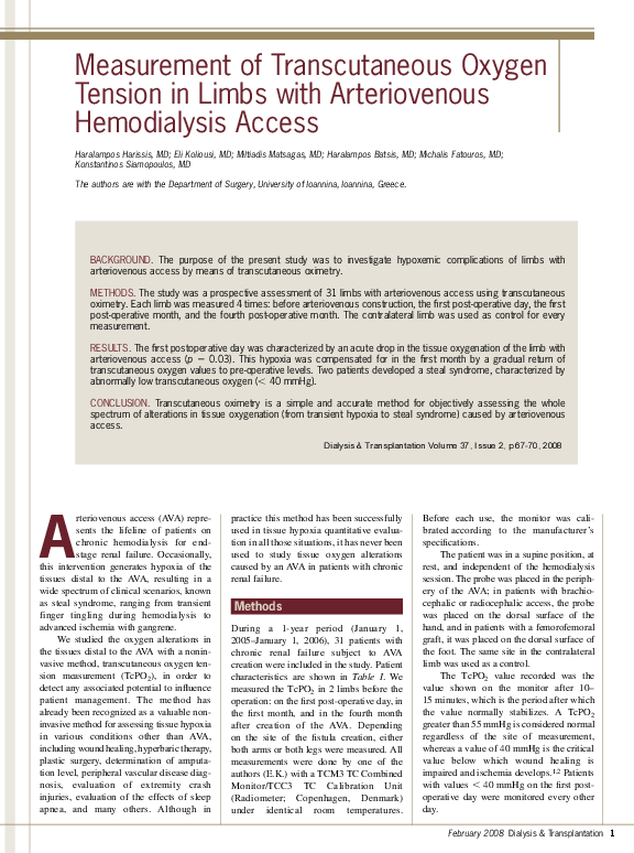 (PDF) Transcutaneous Oximetry in Hemodialysis Limbs