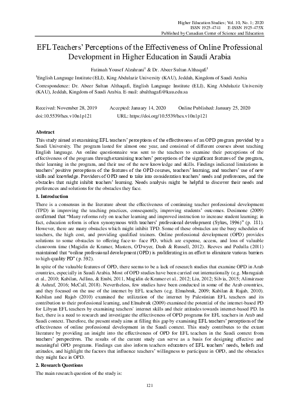 (PDF) EFL Teachers’ Perceptions of the Effectiveness of Online ...