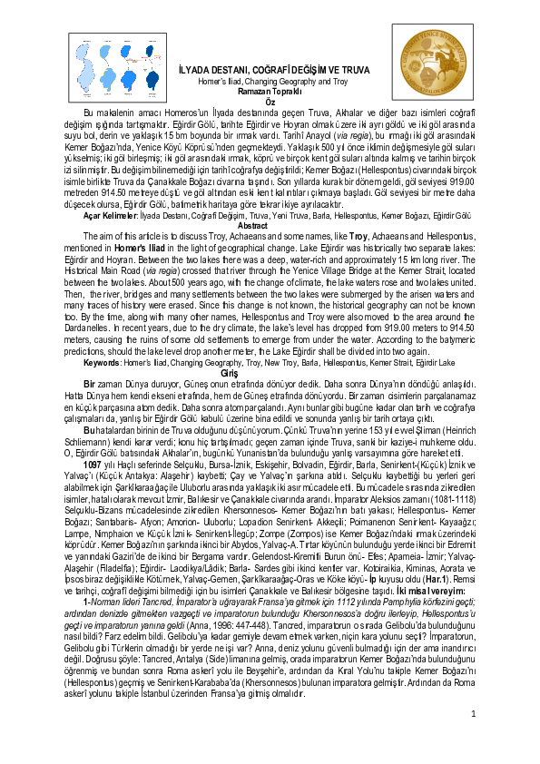 (PDF) İLYADA DESTANI, COĞRAFÎ DEĞİŞİM VE TRUVA