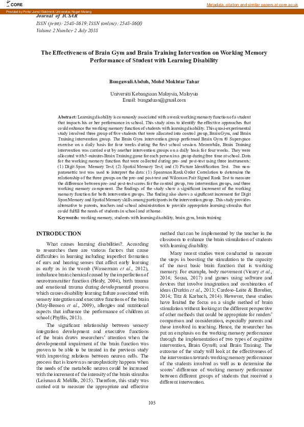 (PDF) The Effectiveness of Brain Gym and Brain Training Intervention on Working Memory ...