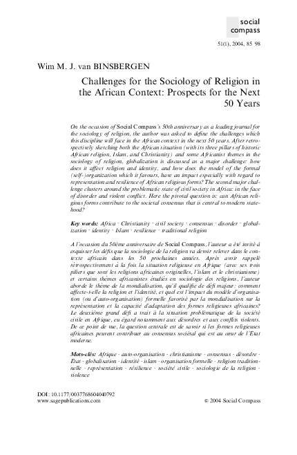 (PDF) Challenges for the Sociology of Religion in the African Context ...