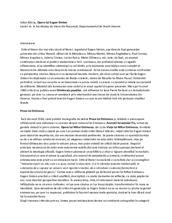 (DOC) Iulian Băicuș, Opera lui Eugen Simion,