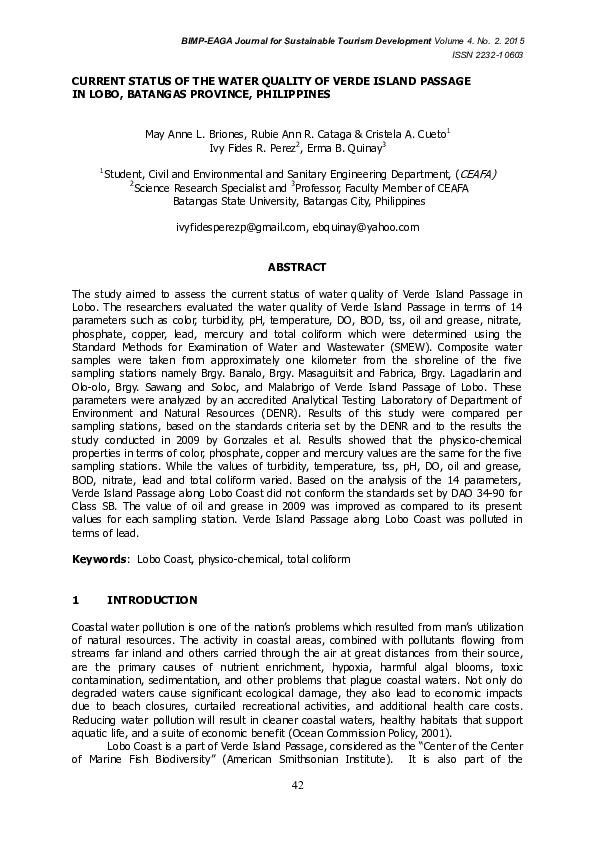 (PDF) Current Status of the Water Quality of Verde Island Passage in ...
