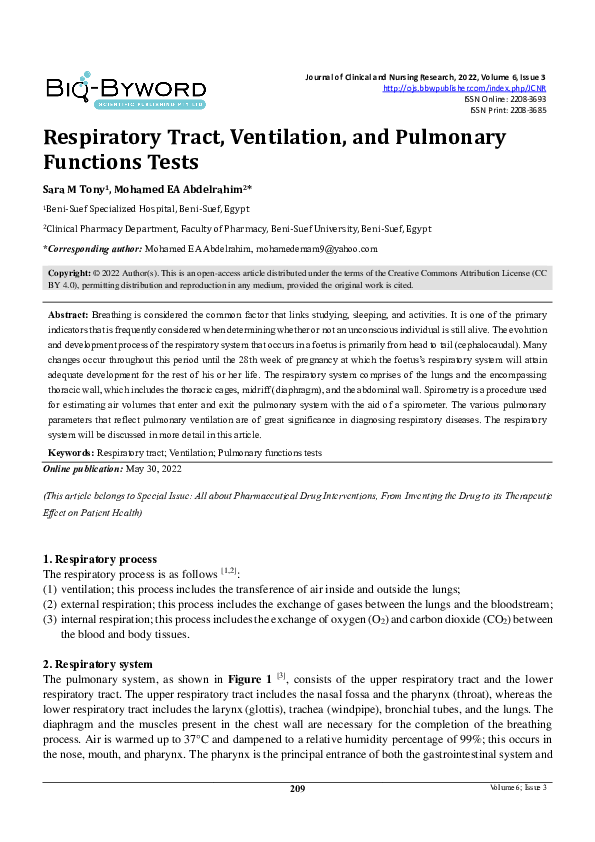 (PDF) Respiratory Tract, Ventilation, and Pulmonary Functions Tests