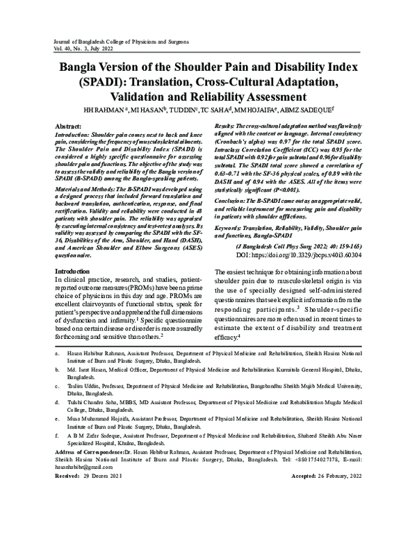 (PDF) Bangla Version of the Shoulder Pain and Disability Index (SPADI ...