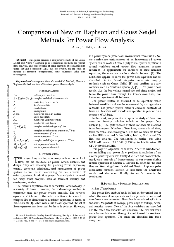 (PDF) Comparison of Newton Raphson and Gauss Seidel Methods for Power Flow Analysis