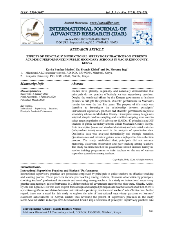 (PDF) Effects of Principals Instructional Supervisory Practices on ...