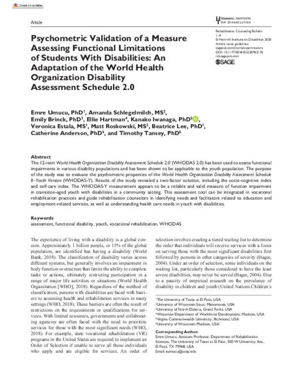 (PDF) Psychometric Validation of a Measure Assessing Functional Limitations of Students With ...