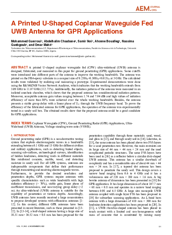 Pdf A Printed U Shaped Coplanar Waveguide Feed Uwb Antenna For Gpr