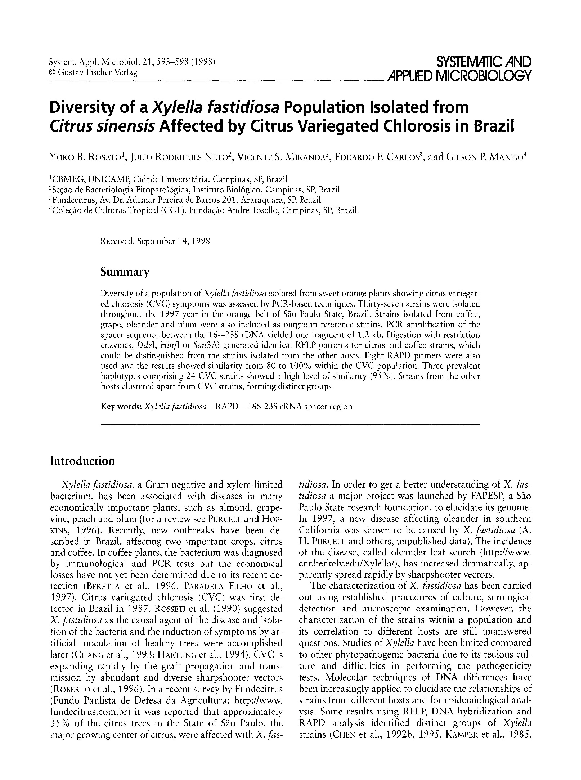(PDF) Diversity of a Xylella fastidiosa Population Isolated from Citrus ...