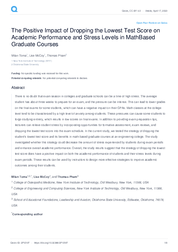 (PDF) The Positive Impact of Dropping the Lowest Test Score on Academic ...