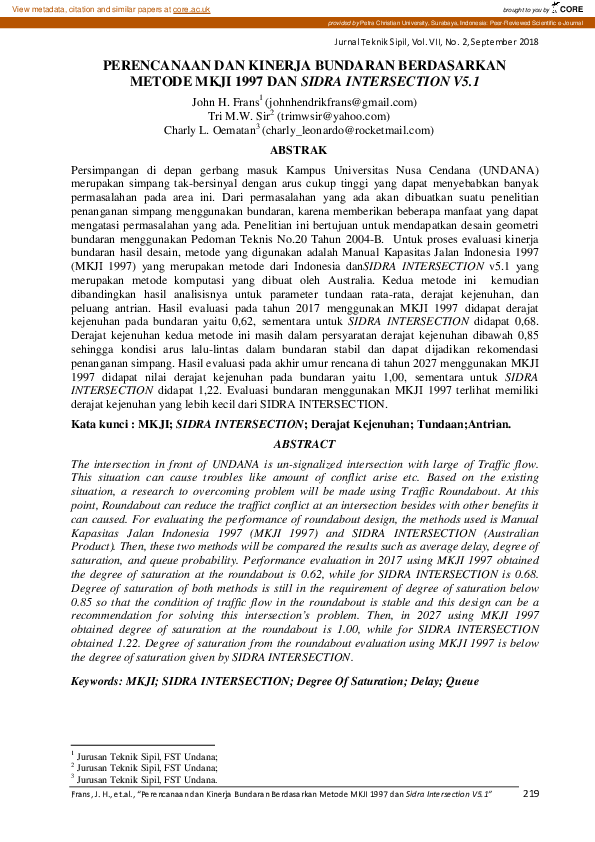 (PDF) Perencanaan Dan Kinerja Bundaran Berdasarkan Metode Mkji 1997 Dan ...
