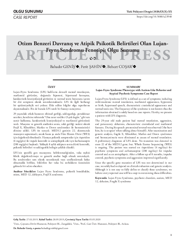 (PDF) Lujan-Fryns Syndrome Phenotype with Autism-Like Behavior and ...