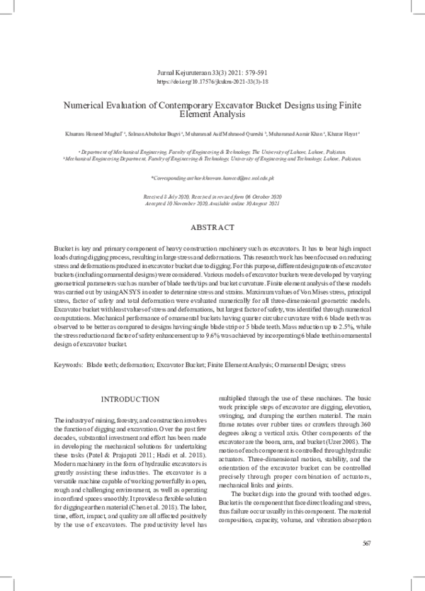 (PDF) Numerical Evaluation of Contemporary Excavator Bucket Designs using Finite Element Analysis