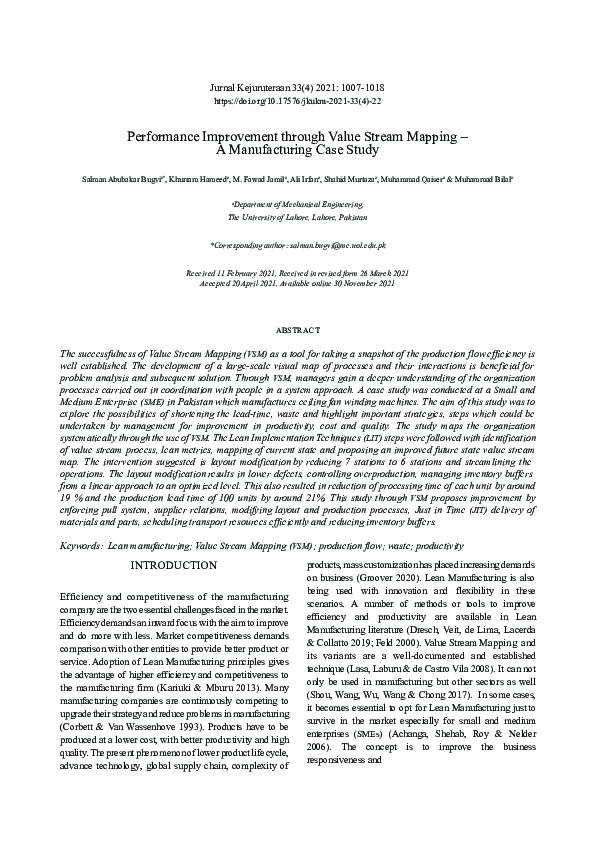 (PDF) Performance Improvement through Value Stream Mapping – A Manufacturing Case Study