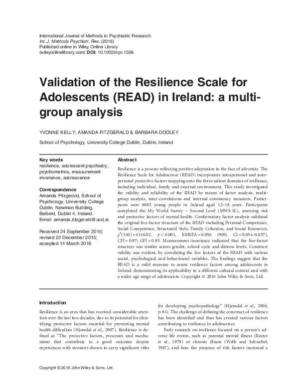 (PDF) Validation of the Resilience Scale for Adolescents in Norwegian ...
