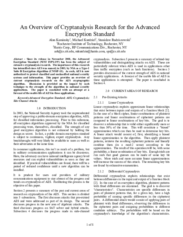 (PDF) An overview of cryptanalysis research for the advanced encryption standard | Stanislaw ...