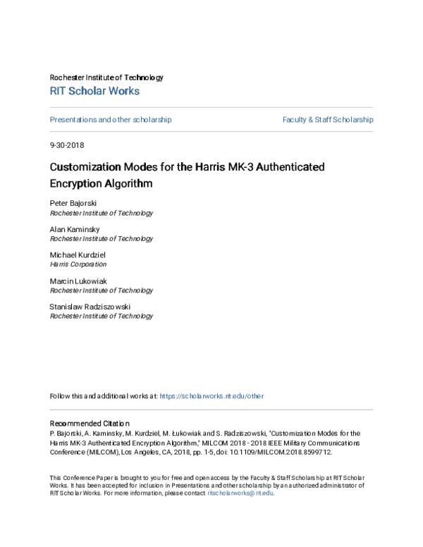 Pdf Customization Modes For The Harris Mk 3 Authenticated Encryption Algorithm
