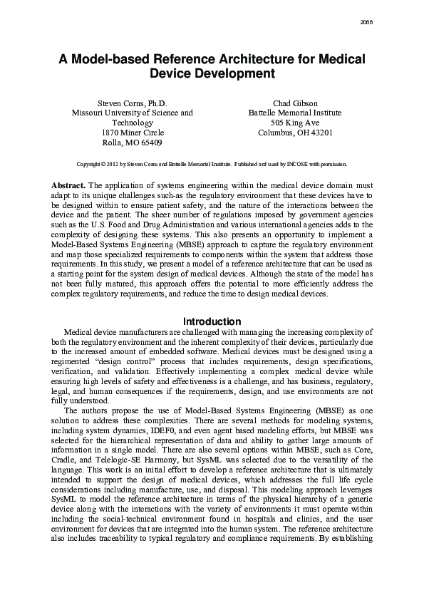 (PDF) A Model-based Reference Architecture for Medical Device Development