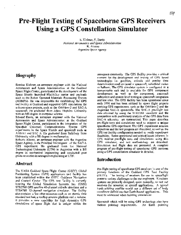 Pdf Pre Flight Testing Of Spaceborne Gps Receivers Using A Gps Constellation Simulator