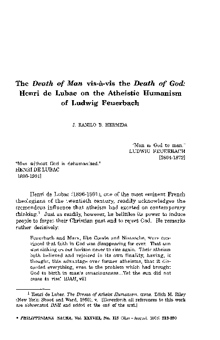 (PDF) The Death of Man vis-a-vis the Death of God: Henri de Lubac on ...