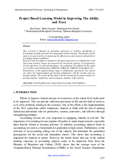 (PDF) Project Based Learning Model in Improving The Ability and Trust