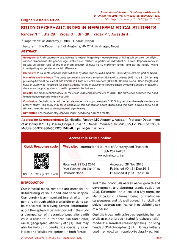 (PDF) Study of Cephalic Index in Nepalese Medical Students