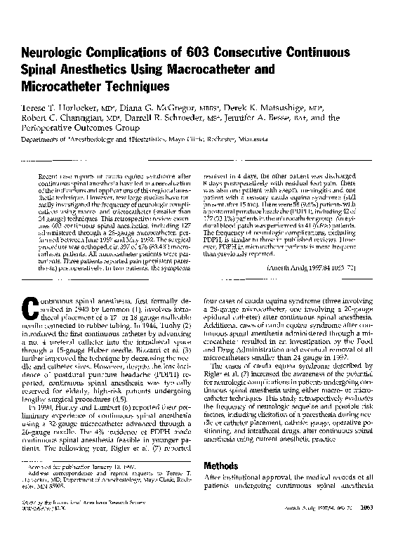 (PDF) Neurologic Complications of 603 Consecutive Continuous Spinal ...