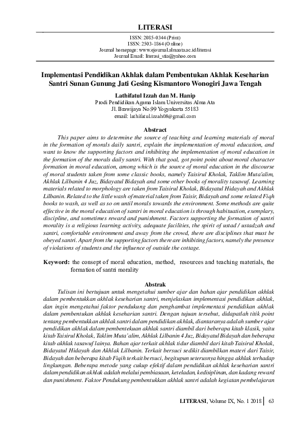 (PDF) Implementasi Pendidikan Akhlak dalam Pembentukan Akhlak Keseharian Santri