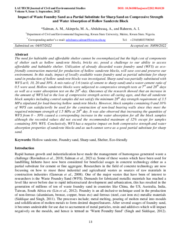 (PDF) Impact of Waste Foundry Sand as a Partial Substitute for Sharp ...