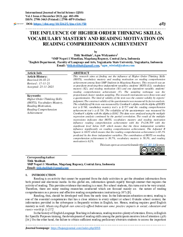 (PDF) The Influence of Higher Order Thinking Skills, Vocabulary Mastery ...