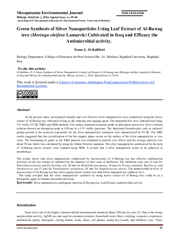 (PDF) Synthesis of Silver Nanoparticles Using Leaf Extract of Al-Rawag tree (Moringa oleifera ...