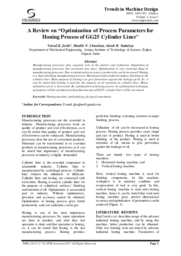 (PDF) A Review on “Optimization of Process Parameters for Honing Process of GG25 Cylinder Liner”