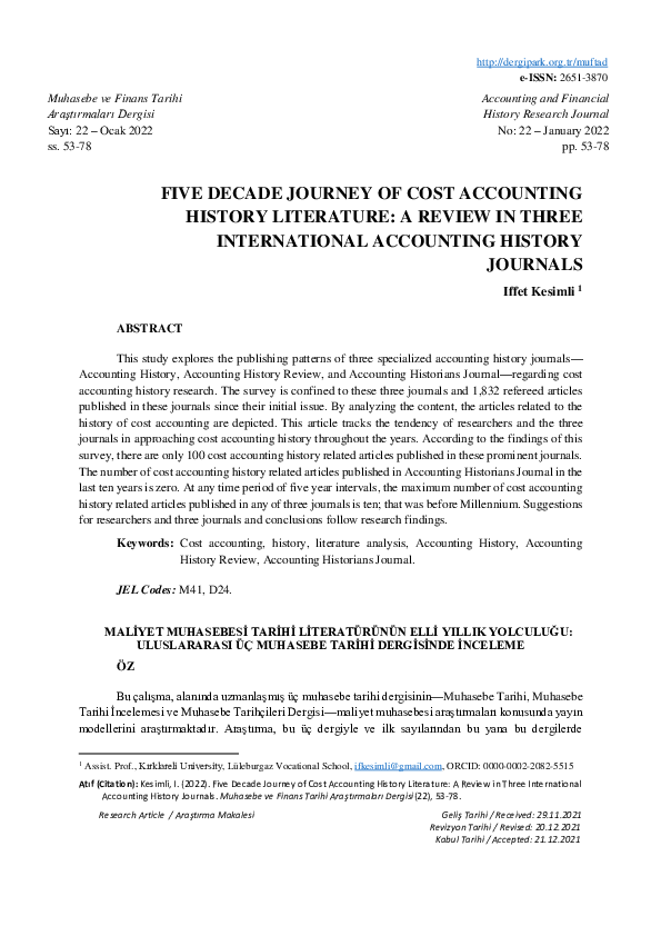 (PDF) Five Decade Journey of Cost Accounting History Literature: A ...