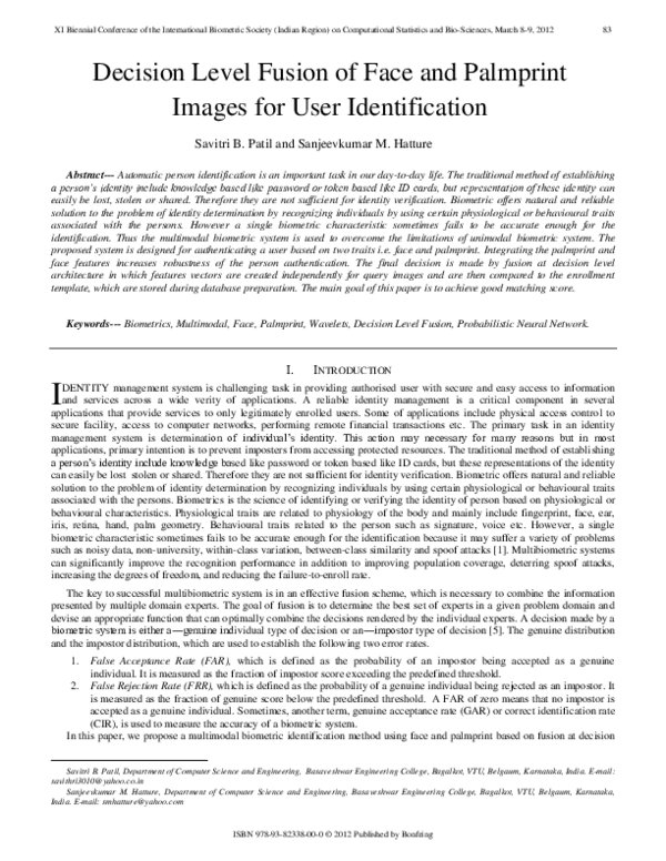 (PDF) Decision Level Fusion of Face and Palmprint Images for User Identification