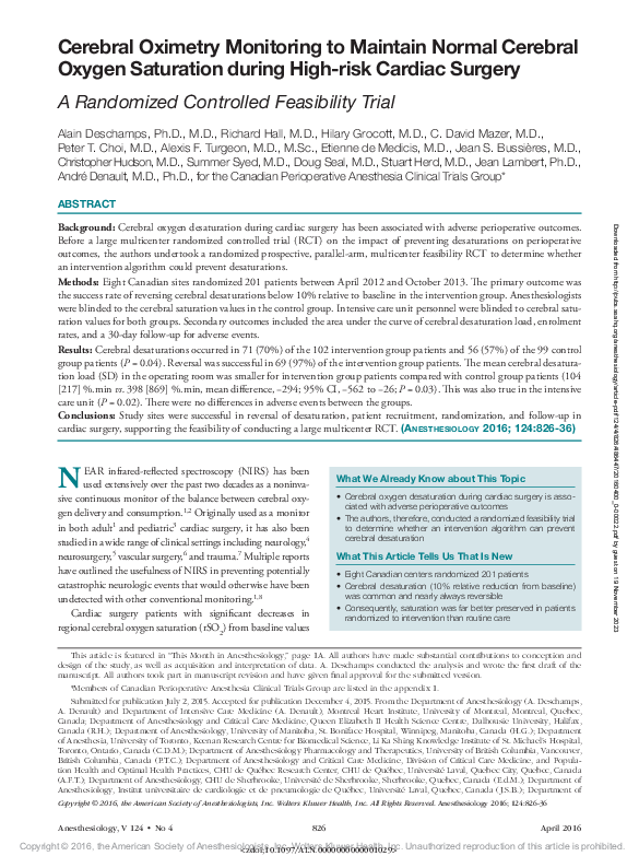(PDF) Cerebral Oximetry Monitoring to Maintain Normal Cerebral Oxygen ...