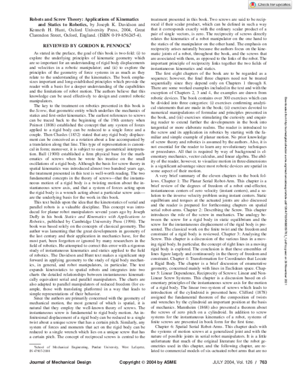 Pdf Robots And Screw Theory Applications Of Kinematics And Statics To Robotics
