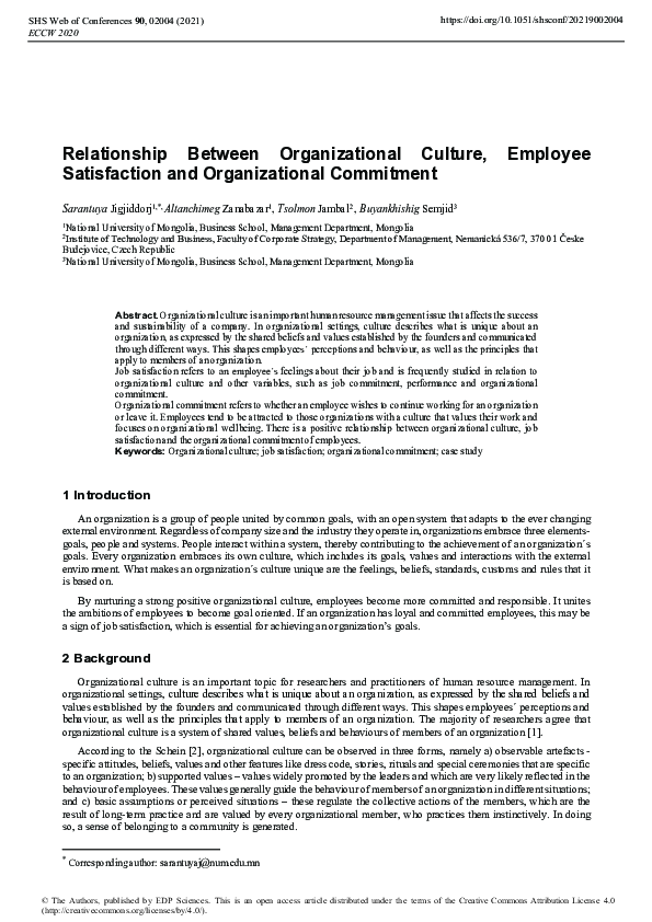 (PDF) Relationship Between Organizational Culture, Employee Satisfaction and Organizational ...